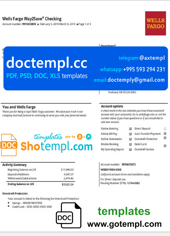 USA Wells Fargo bank statement template in Word and PDF format, 3 pages