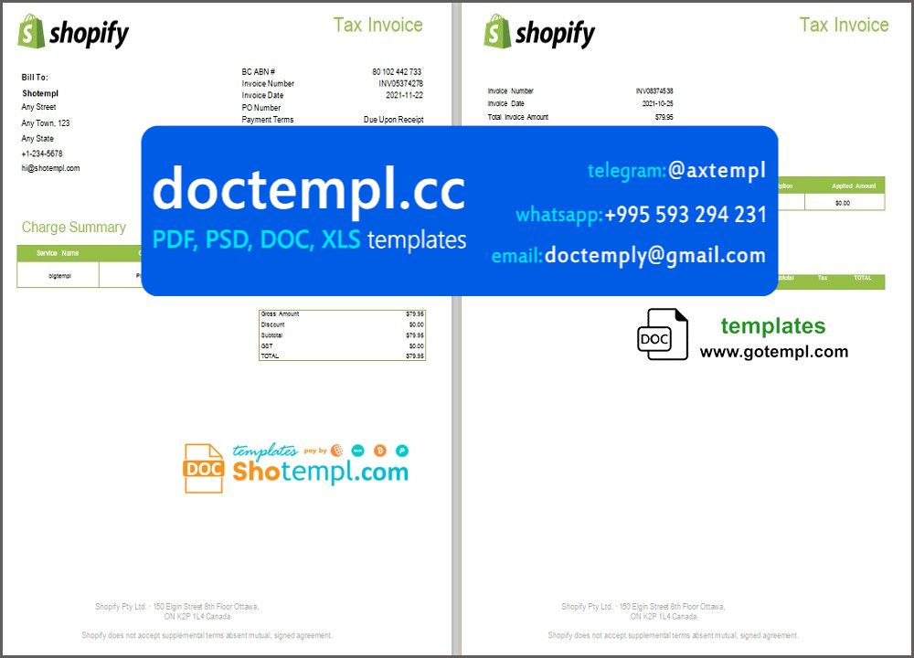 Canada Shopify tax invoice template in Word and PDF format, fully editable