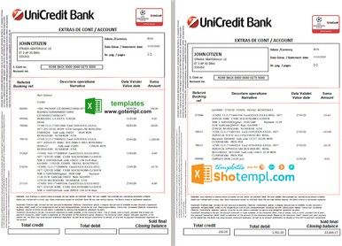Romania UniCredit Bank statement template in Excel and PDF format (2 ...
