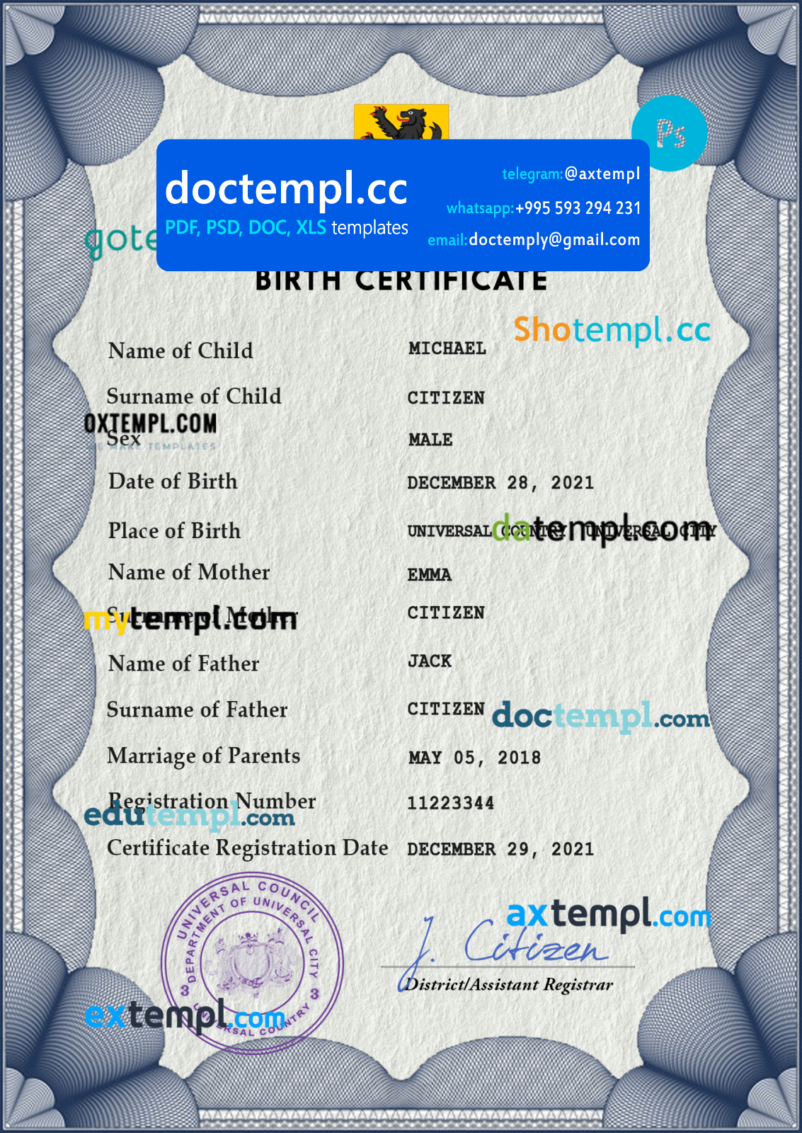 # universbia universal birth certificate PSD template, completely ...