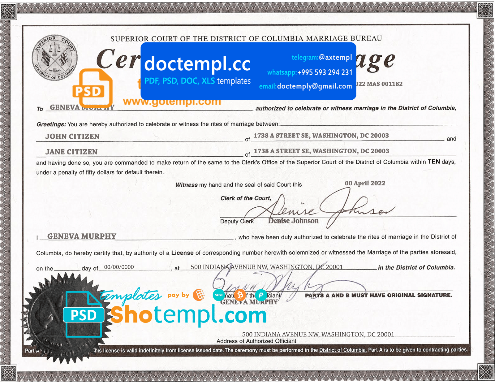 USA Washington district of Columbia marriage certificate template in ...