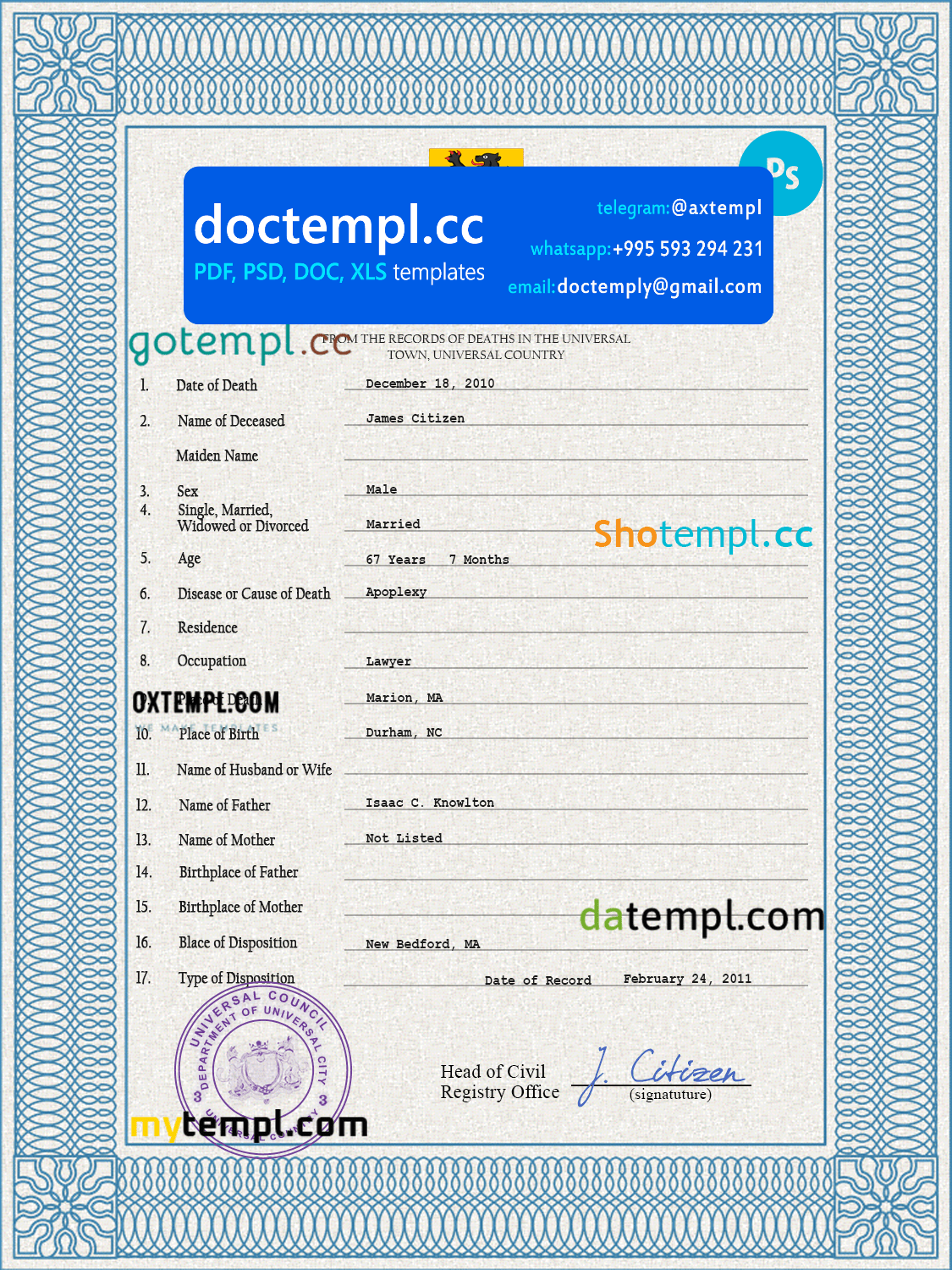 # variety vital record death certificate universal PSD template