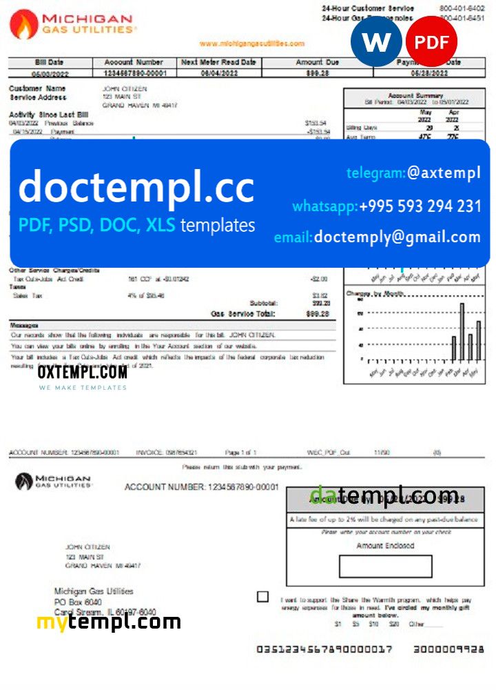 USA Michigan gas Utilities utility bill template in Word and PDF format