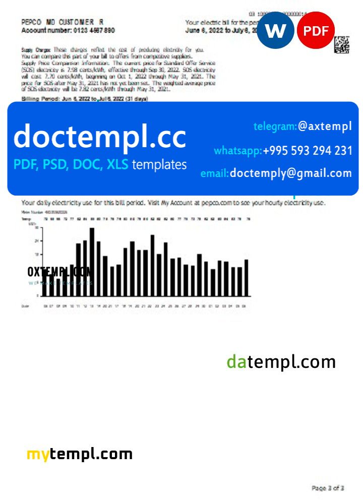 USA Maryland Pepco utility bill, Word and PDF template, 3 pages