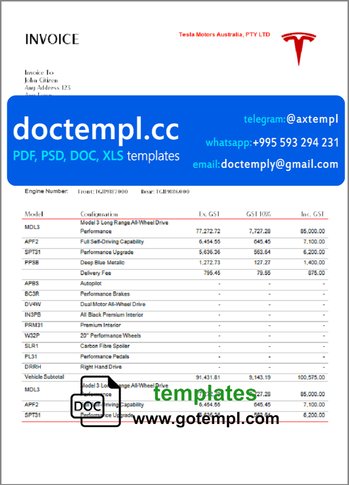 USA Tesla invoice template in Word and PDF format, fully editable