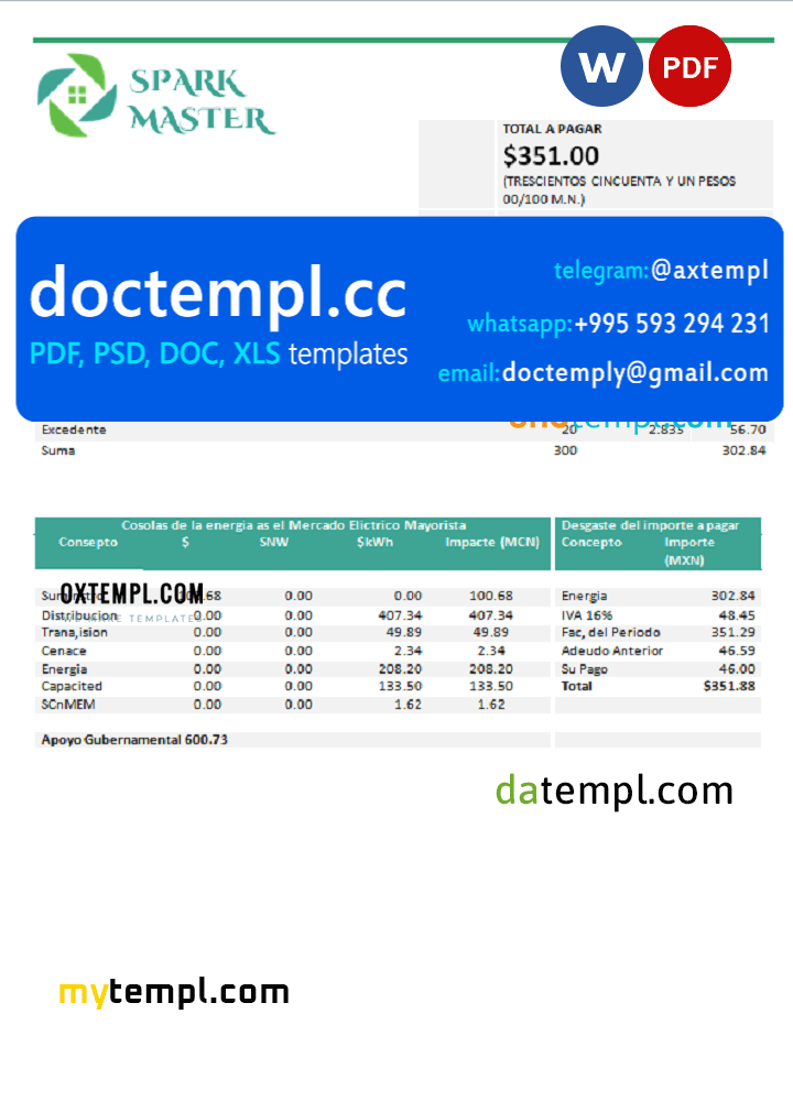 # spark master universal multipurpose utility bill, Word and PDF template