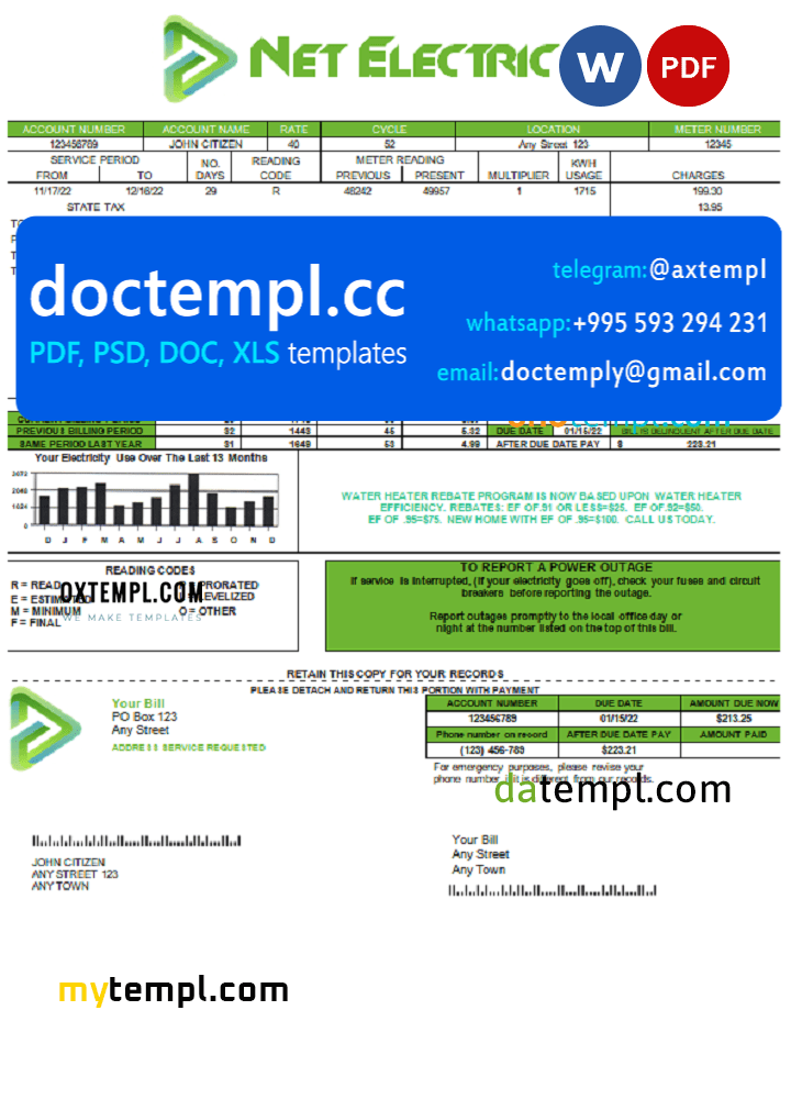 # net electric universal multipurpose utility bill, Word and PDF template