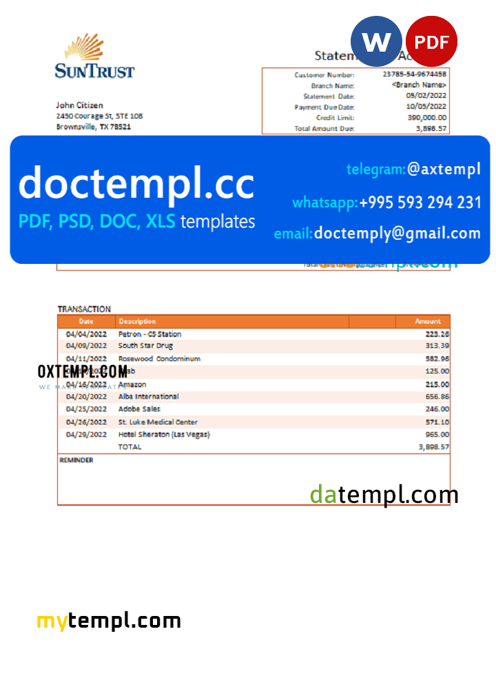USA SunTrust bank statement Word and PDF template, version 2