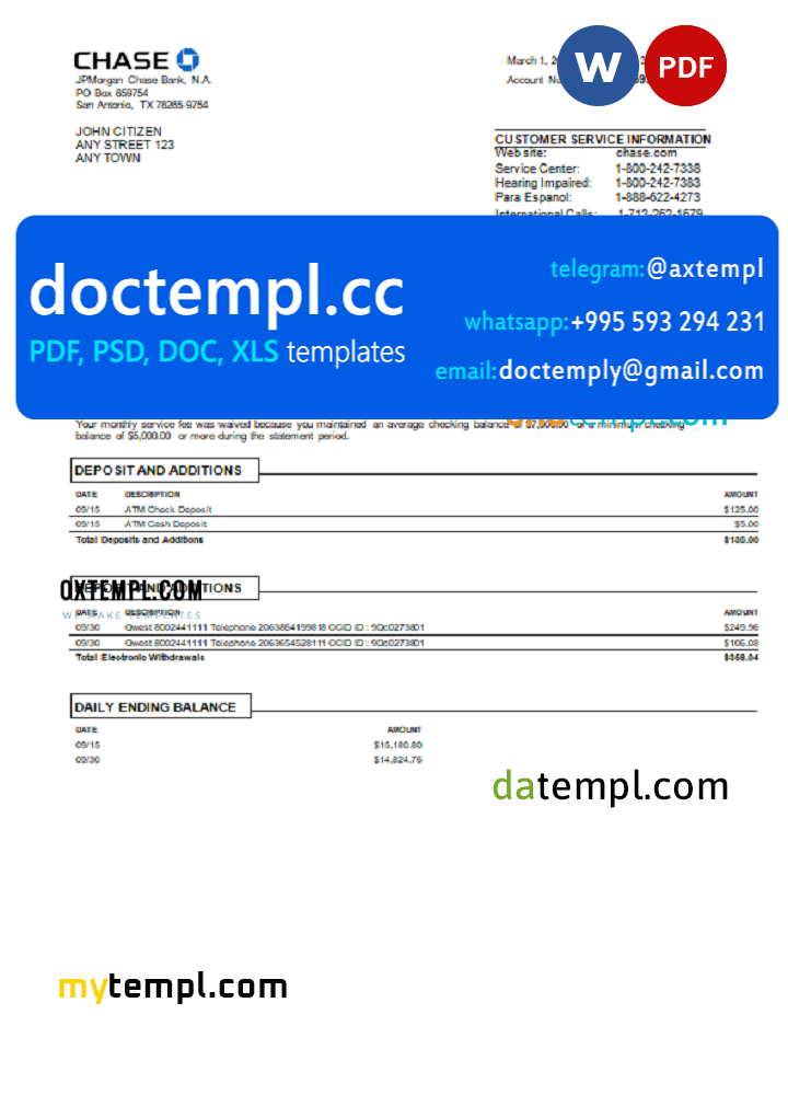 USA Chase bank statement Word and PDF template, version 3