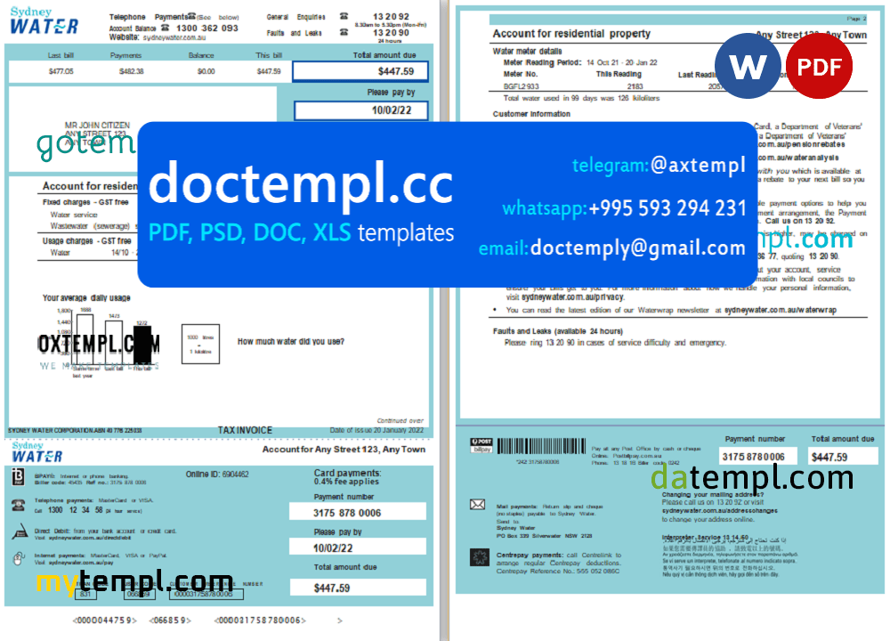 Australia Sydney Water utility bill, Word and PDF template, 2 pages