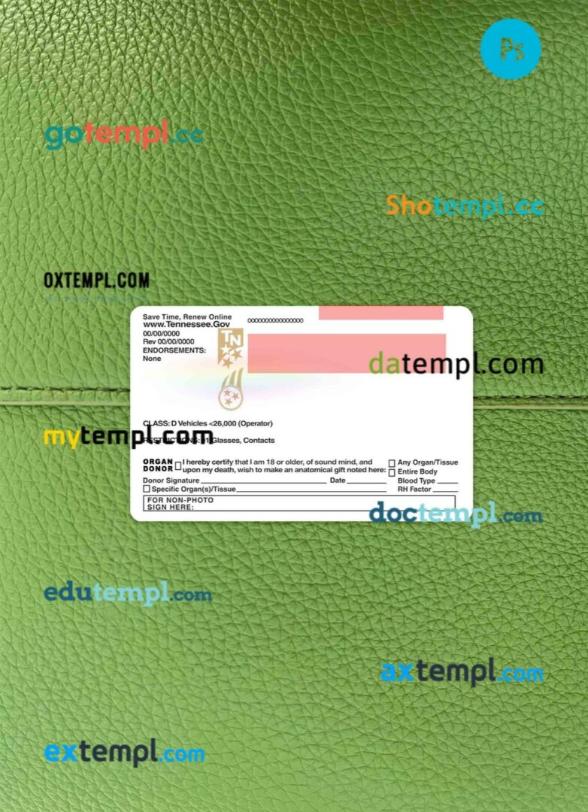 USA Tennessee driving license editable PSD files, scan look and photo ...