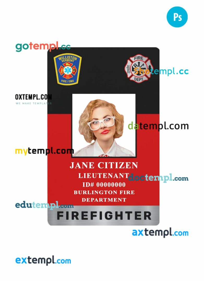 Williston Vermont fire-ems ID card PSD template