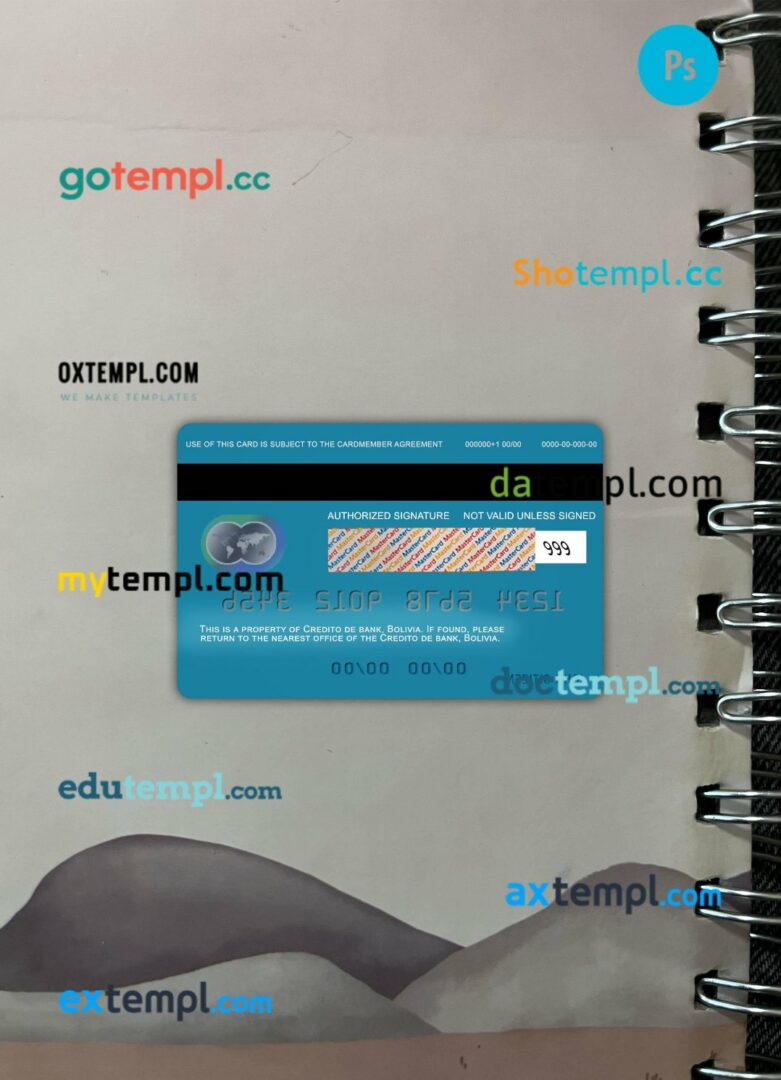 Bolivia Credito bank mastercard PSD scan and photo taken image, 2 in 1