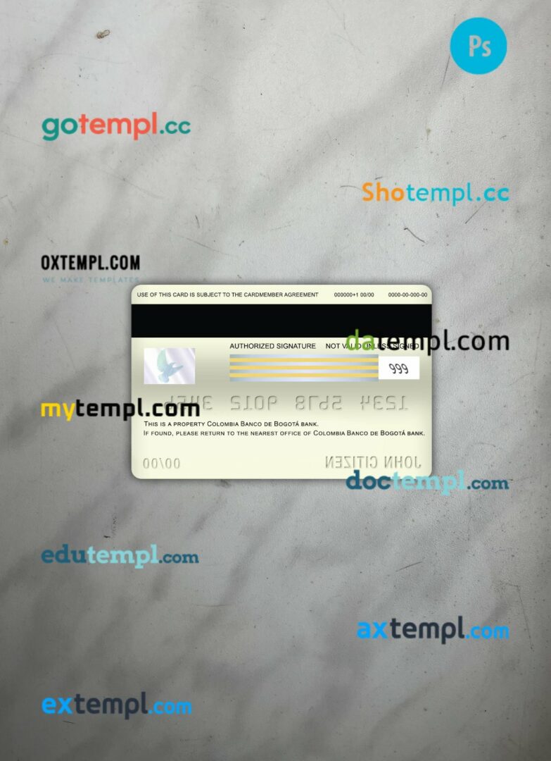 Colombia Banco de bogotá bank visa debit card PSD scan and photo ...