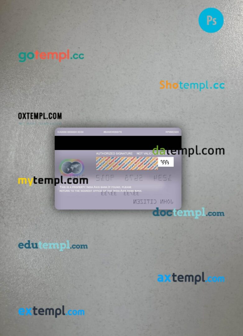 India Axis bank mastercard PSD scan and photo taken image, 2 in 1