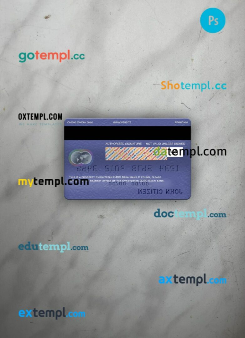Kyrgyzstan OJSC Bakai Bank mastercard PSD scan and photo taken image, 2 ...