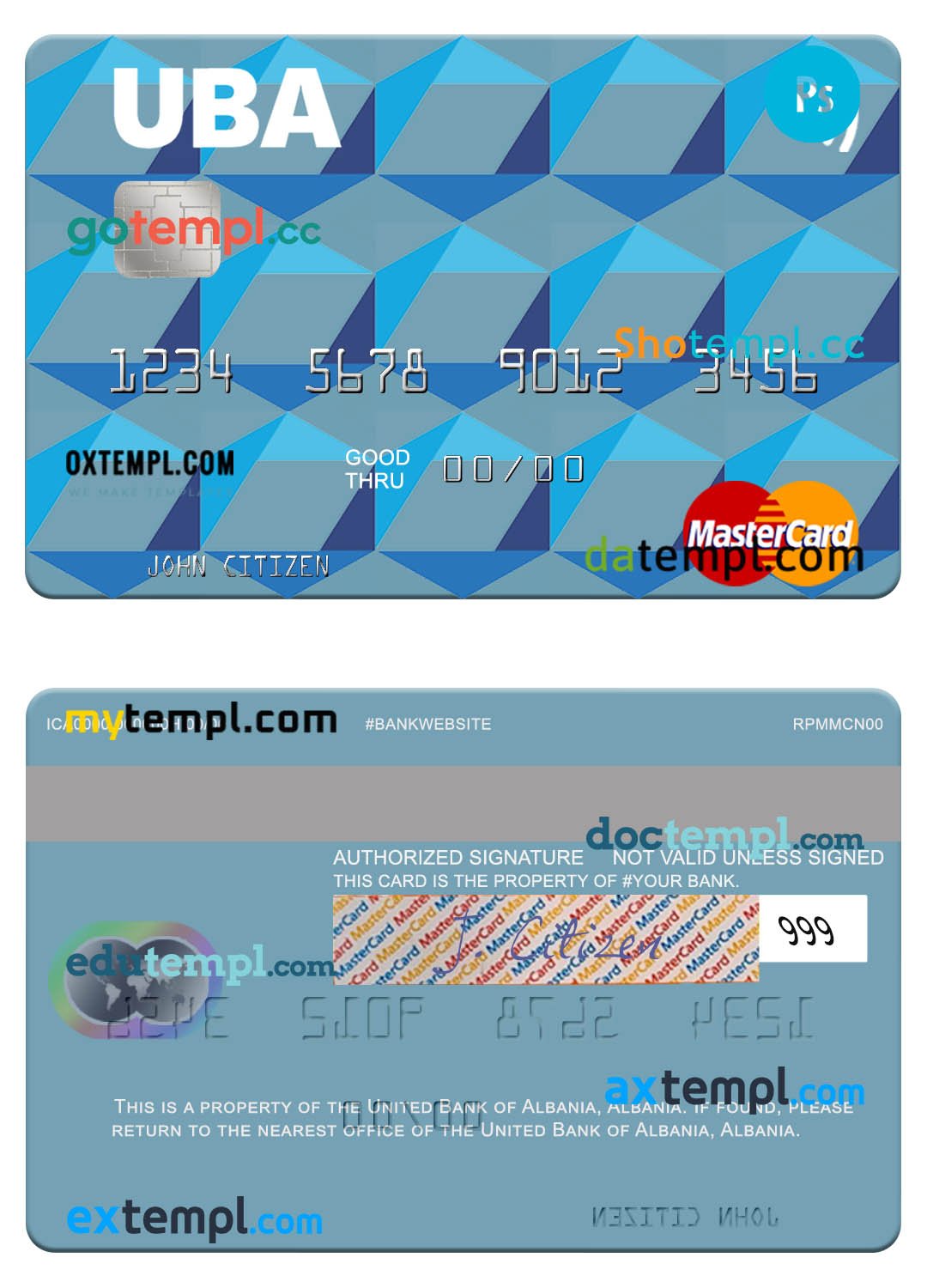 Albania United Bank of Albania mastercard template in PSD format