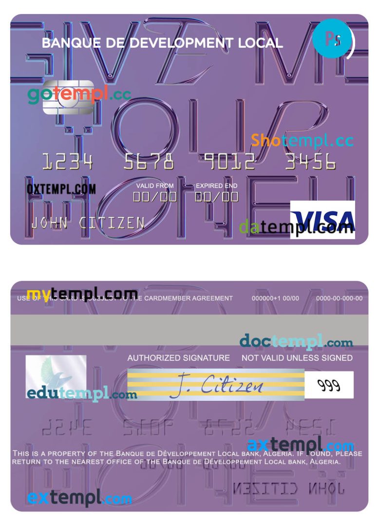 Algerian Banque de Développement Local visa card example in PSD format