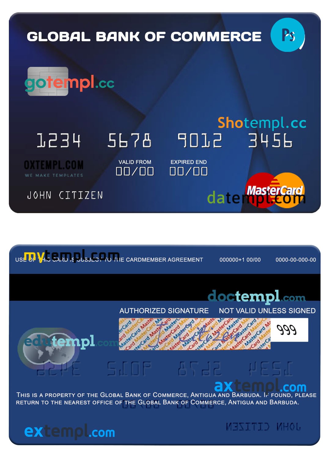 Antigua and Barbuda Global Bank of Commerce mastercard template in PSD ...