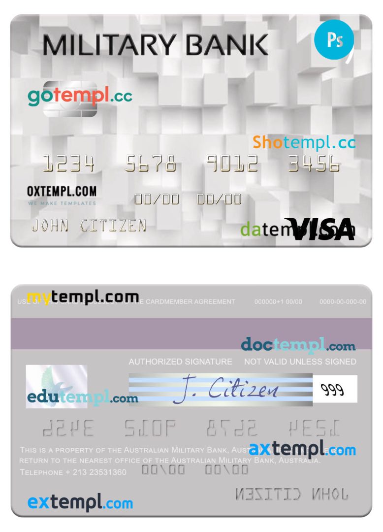 Australian Australiann Military Bank visa card example in PSD format