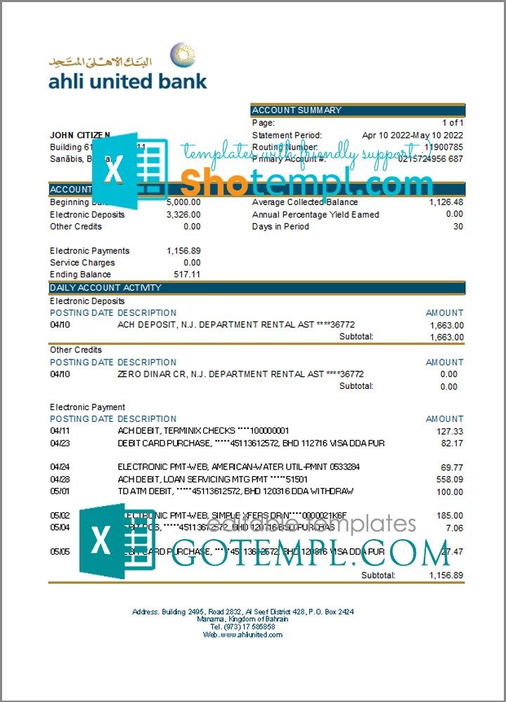 Bahraini Ahli United bank statement 3 - 6 months example in Excel and ...