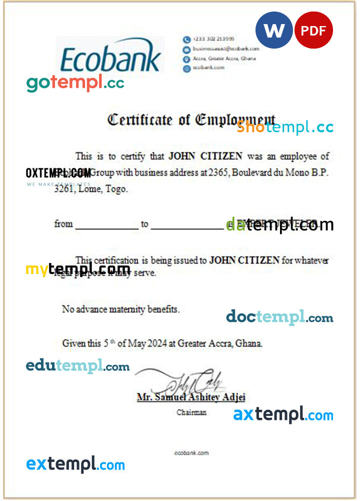 Ghana Ecobank Group certificate of employment Word and PDF download ...