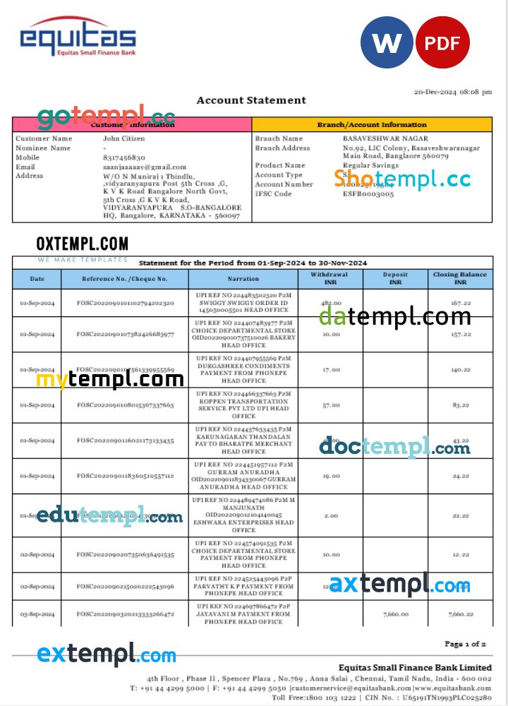 India Equitas bank statement 3 - 6 months Word and PDF example