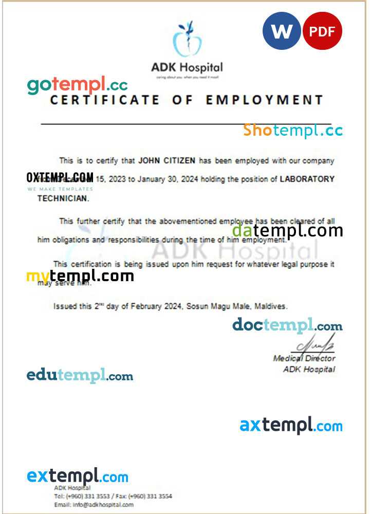 Maldives ADK Hospital certificate of employment Word and PDF download ...
