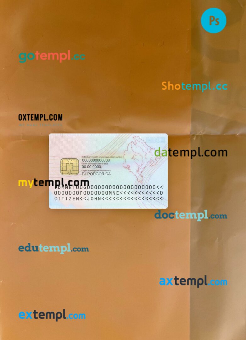 Montenegro ID card editable PSDs, scan and photo-realistic snapshot, 2 in 1