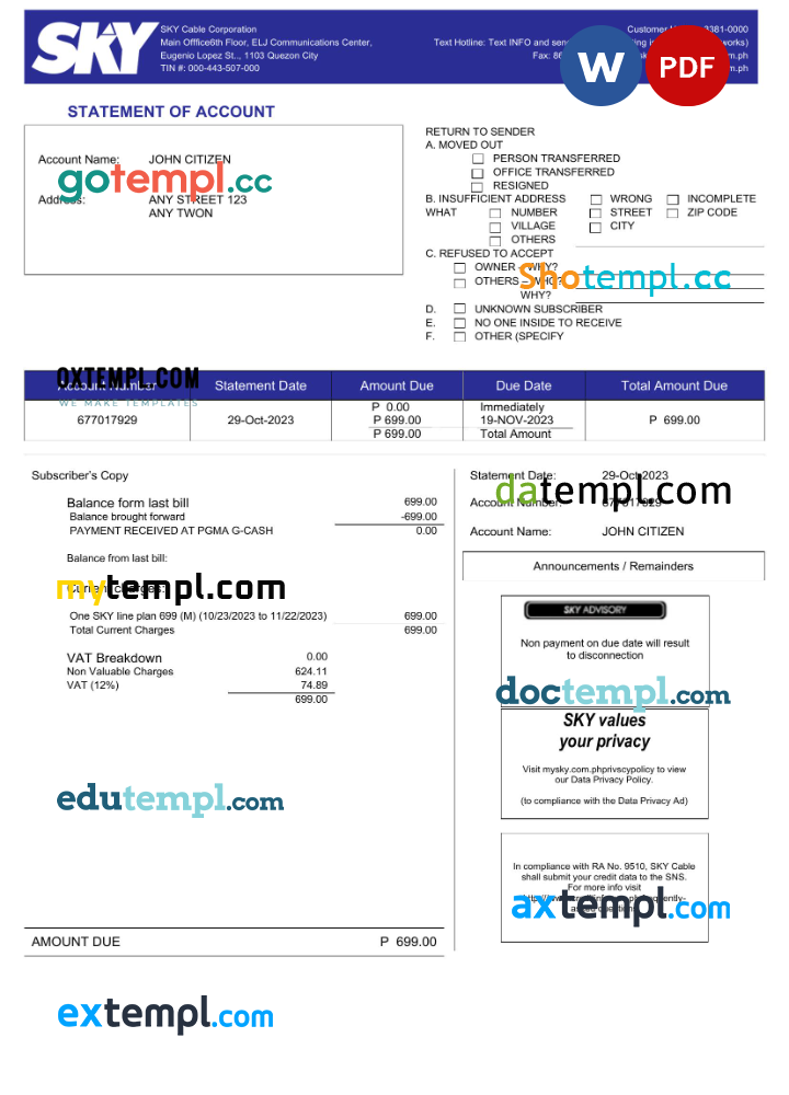 Philippines Sky Cable Corporation utility bill download Word and PDF ...