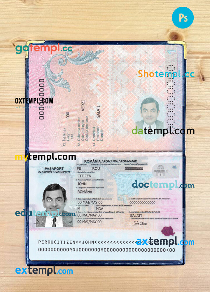 Romania passport editable PSD files, scan and photo look templates, 2 ...