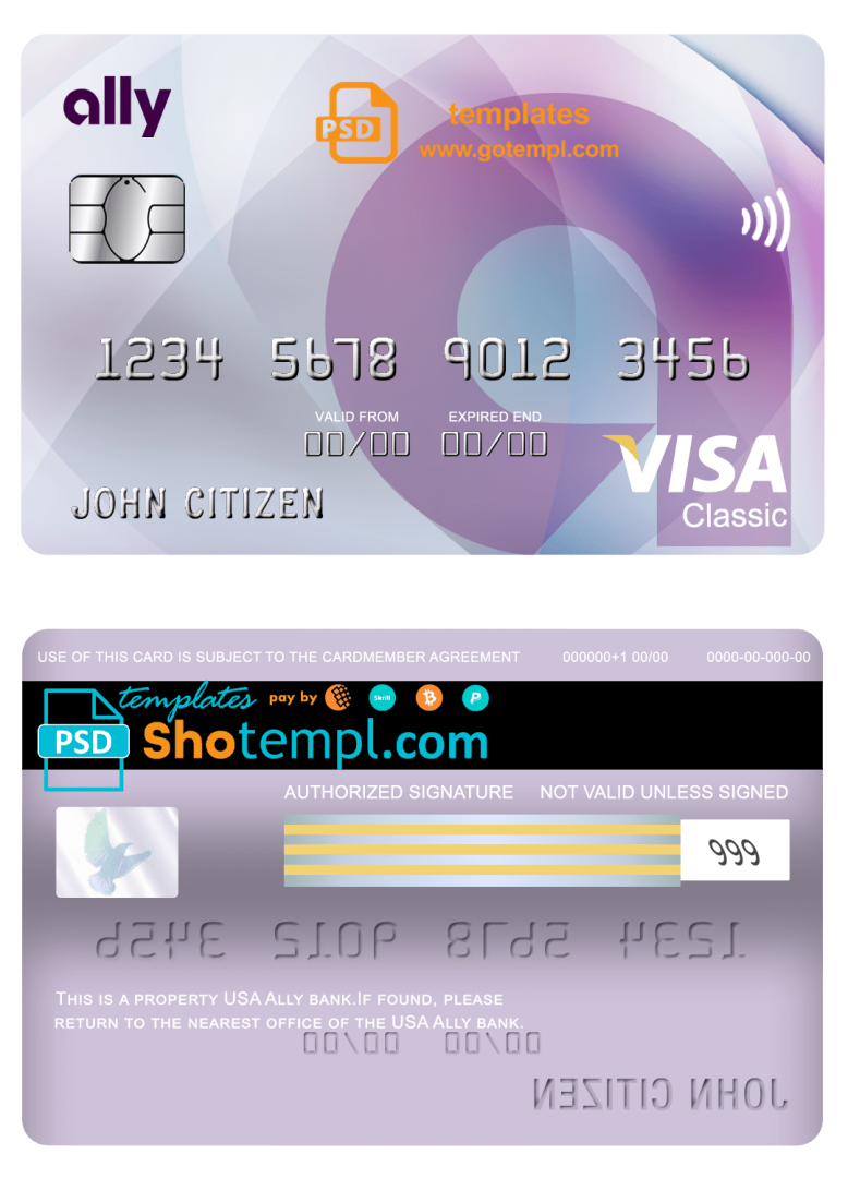 USA Ally bank visa classic card fully editable example in PSD format