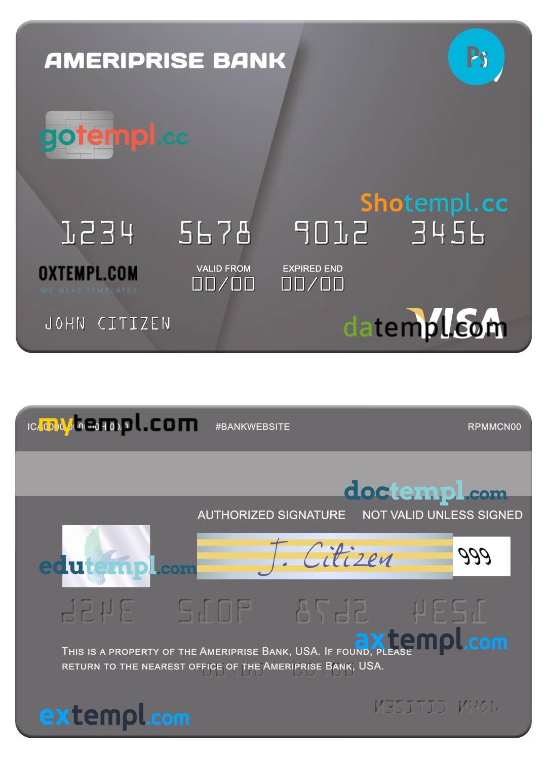 USA Ameriprise Bank visa card template in PSD format