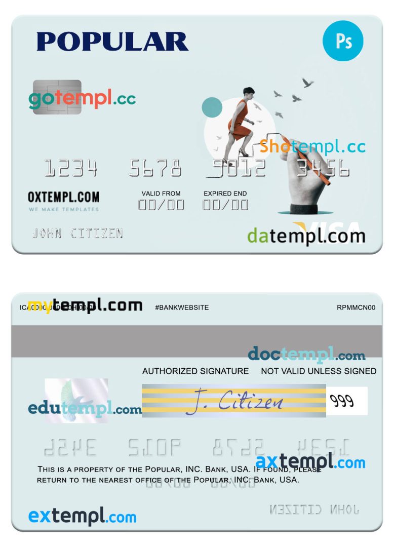USA Popular, Inc. Bank visa card example in PSD format