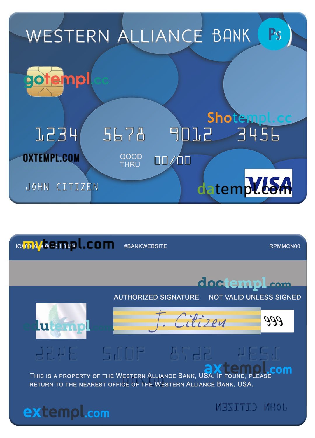 USA Western Alliance Bank visa card template in PSD format