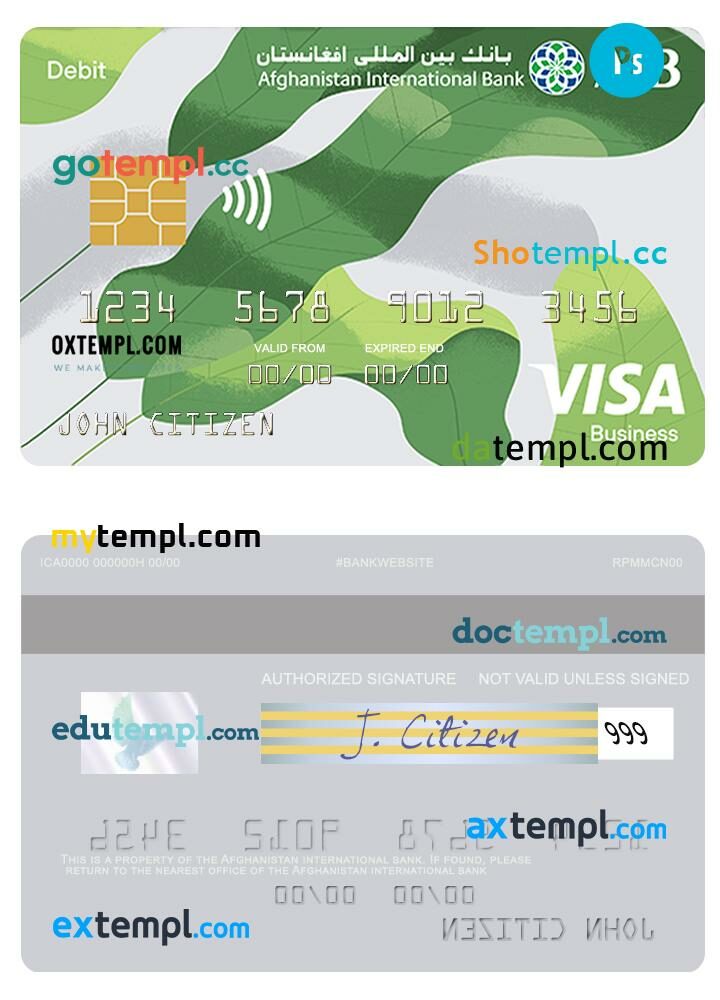 Afghanistan international bank visa business debit card template in PSD ...