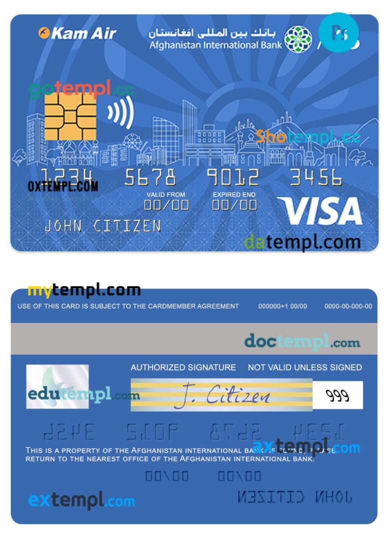 Afghanistan international bank visa card template in PSD format