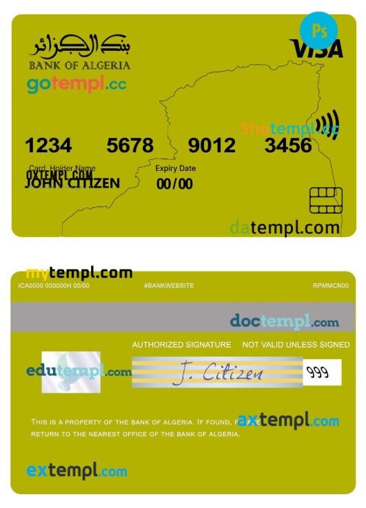 Algeria bank of Algeria visa card template in PSD format