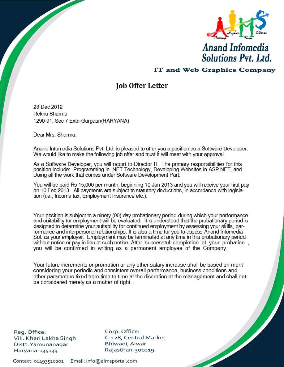Anand Inomedia Solutions Pvt. Ltd. Software Developer offer letter in ...