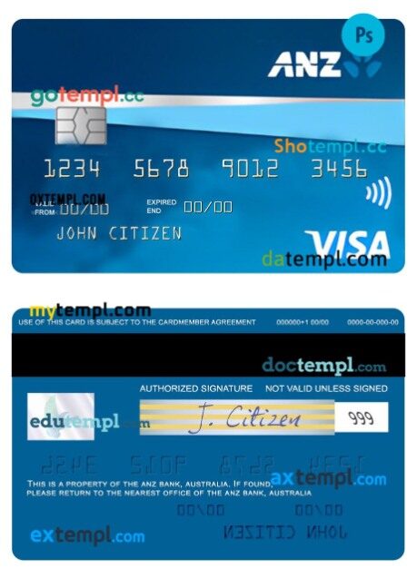 Australia ANZ Bank First credit visa card template in PSD format