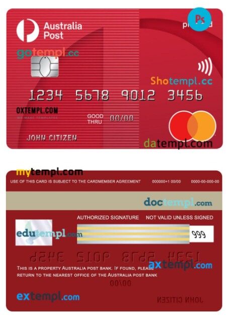 Australia post bank prepaid master card template in PSD format