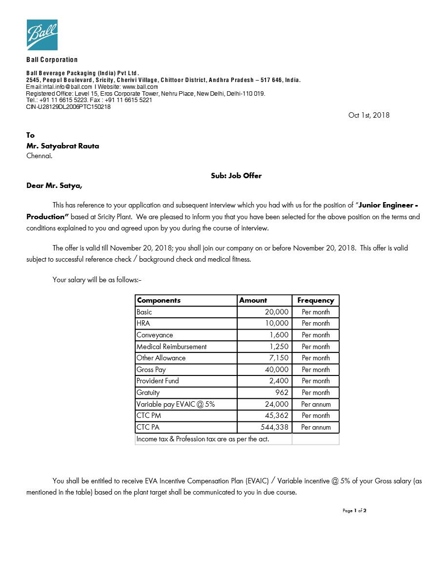 Ball beverage packaging Pvt. Ltd. Jr. Engineer Production offer letter ...