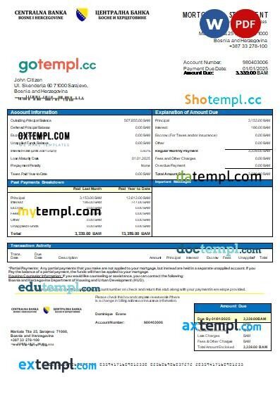 Bosnia and Herzegovina Central Bank mortgage statement, editable ...