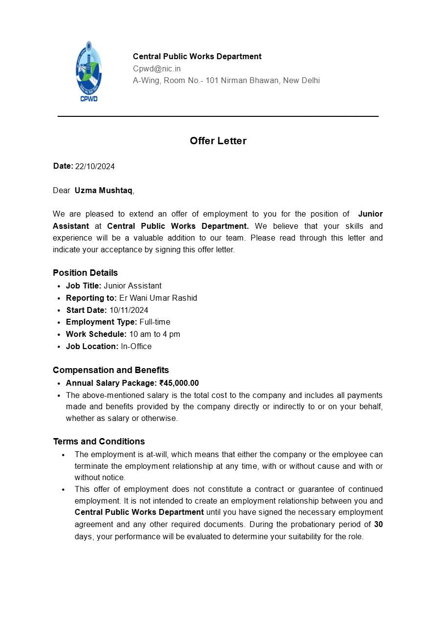 Central Public Works Department Jr. Assistant offer letter in Word and ...