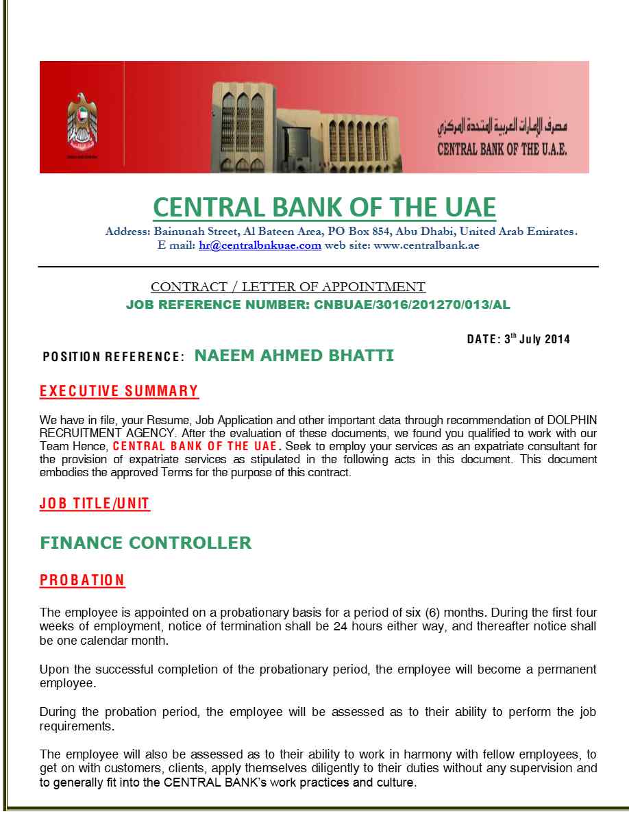 Central bank of the UAE Finance Controller offer letter in Word and Pdf ...