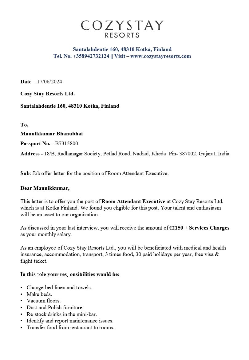Cozystay Resorts Ltd. Room Attendant Executive offer letter in Word and ...