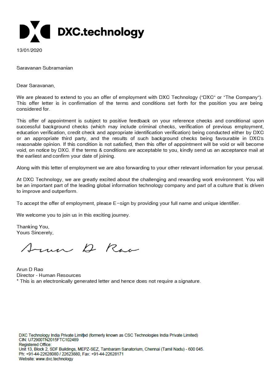 DXC Technology Service Delivery Coordinator offer letter in Word and ...