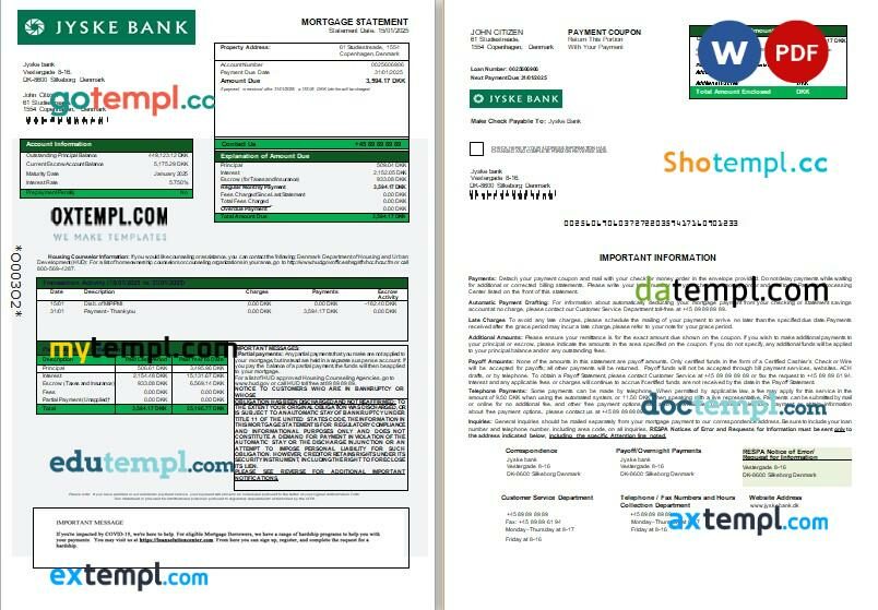 Denmark Jyske bank mortgage statement, 3 pages, editable template in ...