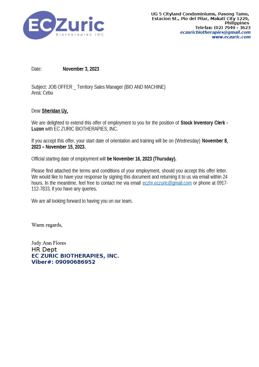 EC Zuric Biotherapies Inc. Stock Inventory Clerk offer letter in Word ...