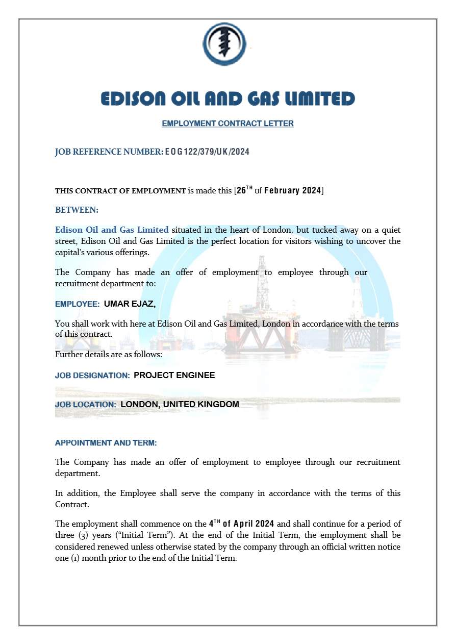 Edison Oil and Gas Ltd. Project Enginee offer letter in Word and Pdf ...